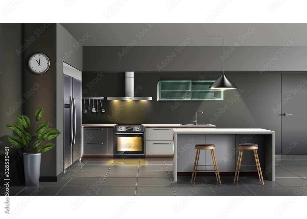 Vector modern realistic kitchen interior with utensils, oven with light ...