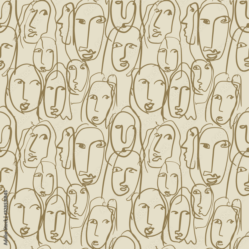 Abstract primitive faces seamless pattern texture. One line drawing ...