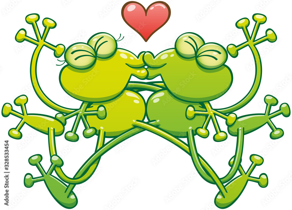Green frogs clenching their eyes and showing a red heart above their ...