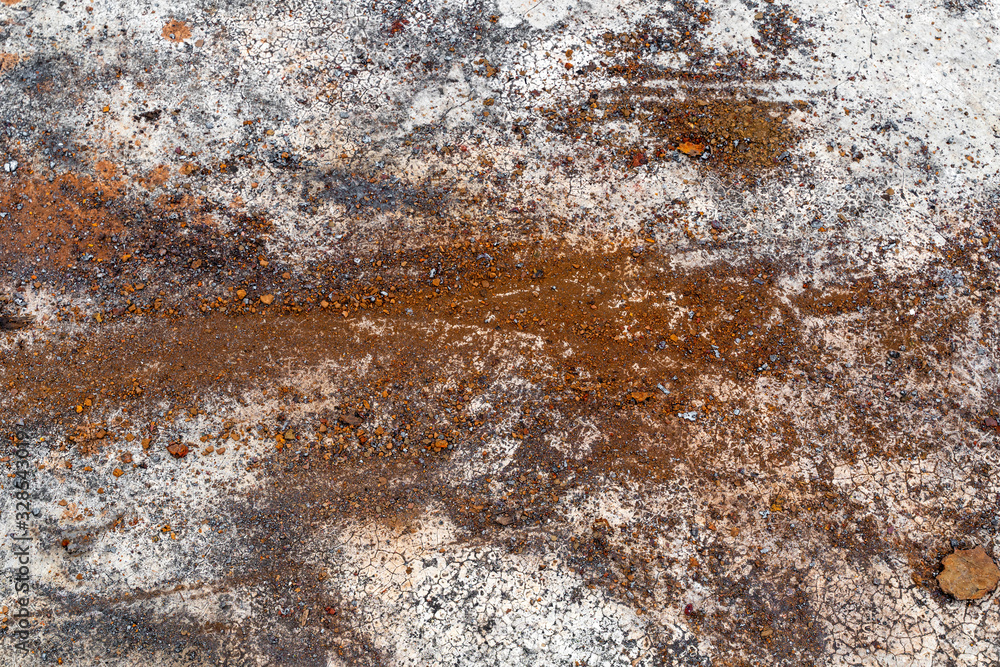 Rust stains on surface concrete floor for background. Rusty damaged ...