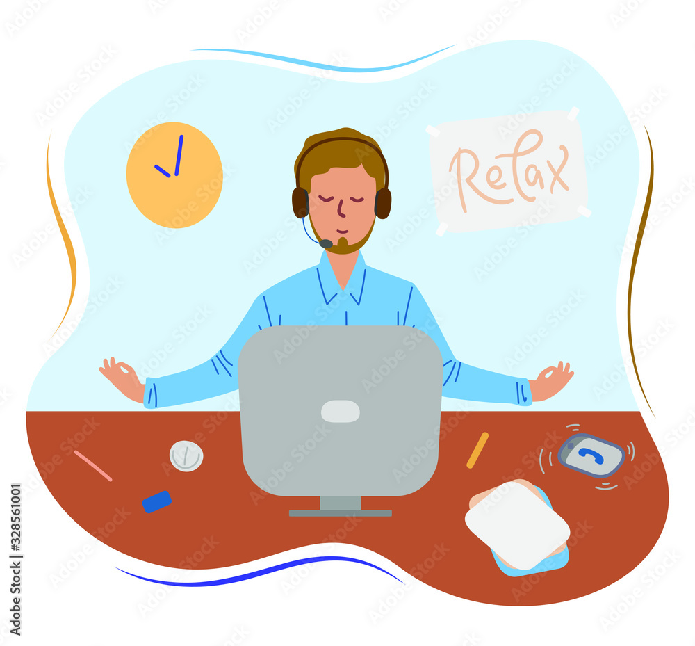 Office worker sit and meditate while talking with a client or customer ...