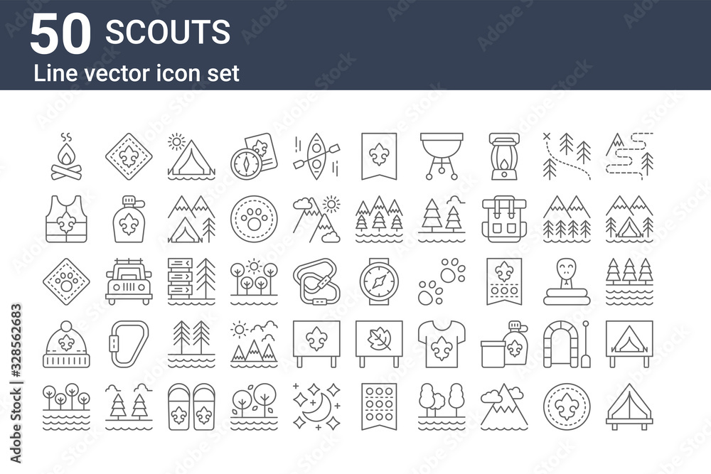 set of 50 scouts icons. outline thin line icons such as tent, shore ...