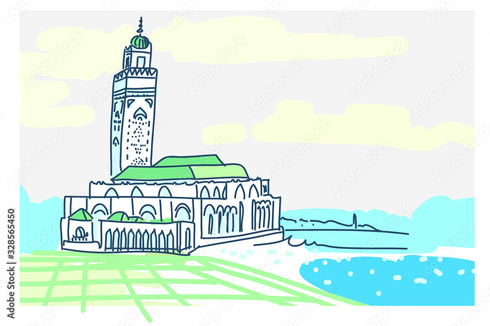 Vector urban sketch of ancient mosque. Morocco travel. Hand drawn ...