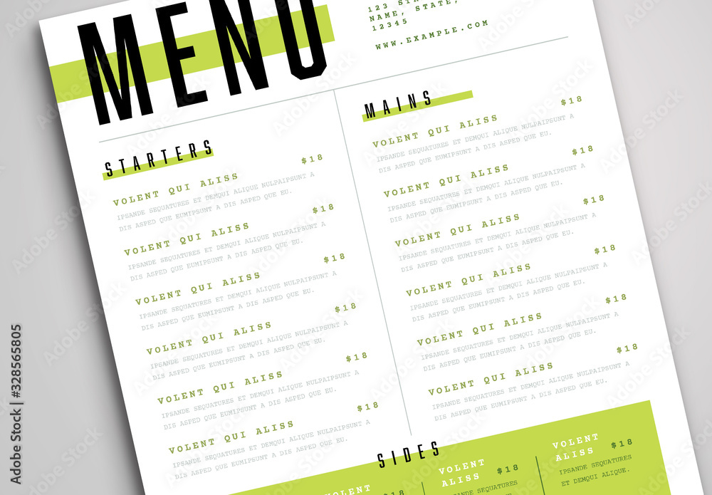 Menu Layout with Green Overlays and Accents Stock Template | Adobe Stock