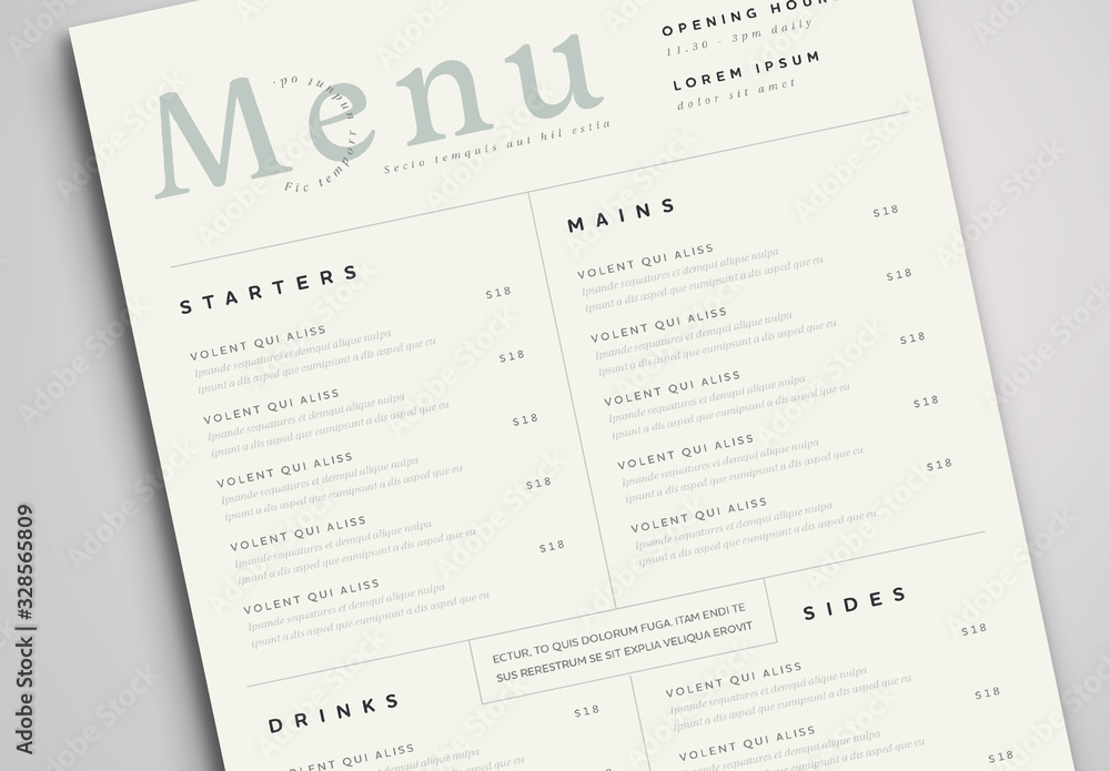 Off White Menu Layout with Pale Green Accents Stock Template | Adobe Stock