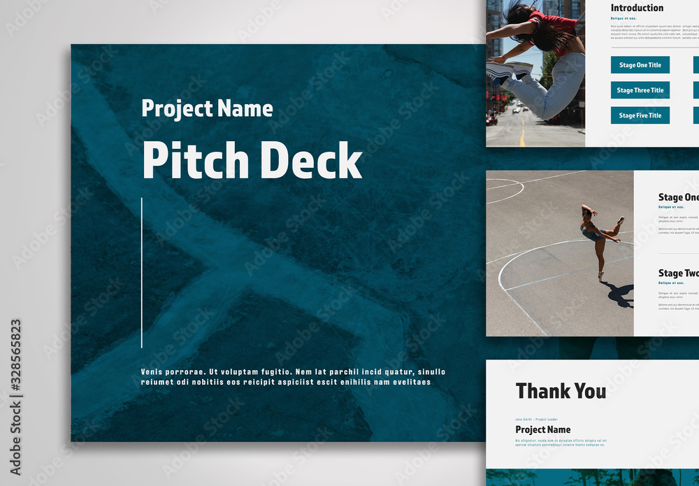 Pitch Deck Layout with Teal Overlay Elements Stock Template | Adobe Stock