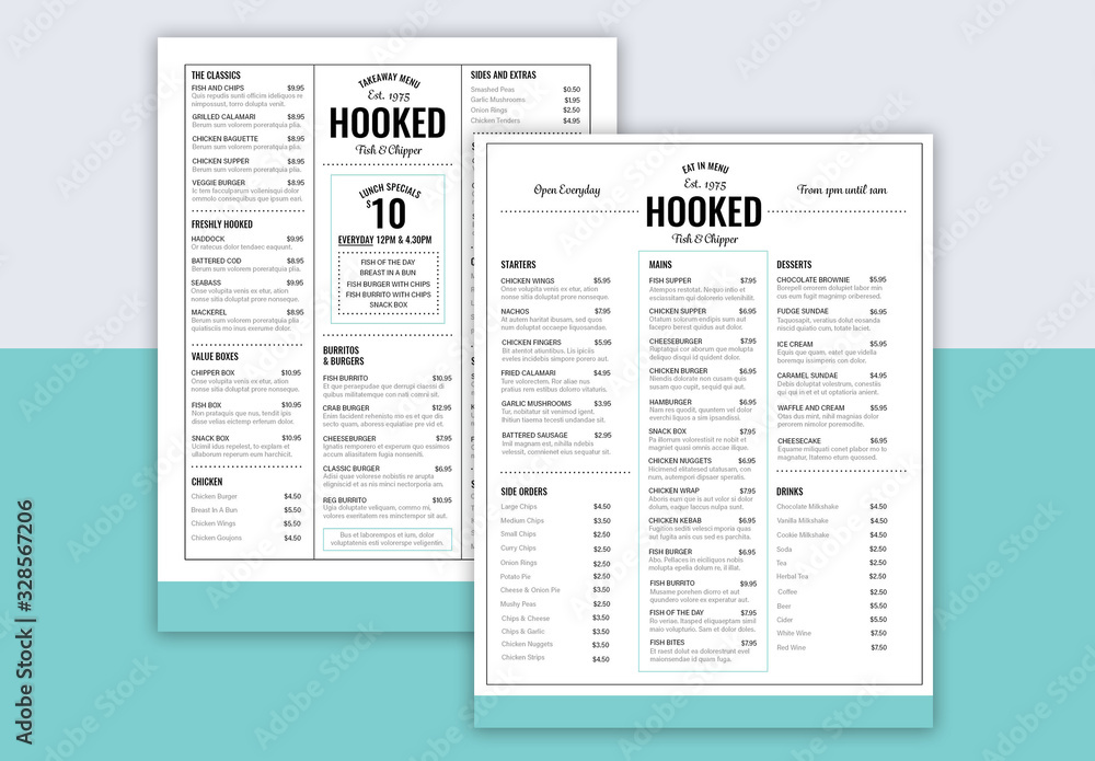Menu Layout with Teal Accents and Footer Element Stock Template | Adobe ...