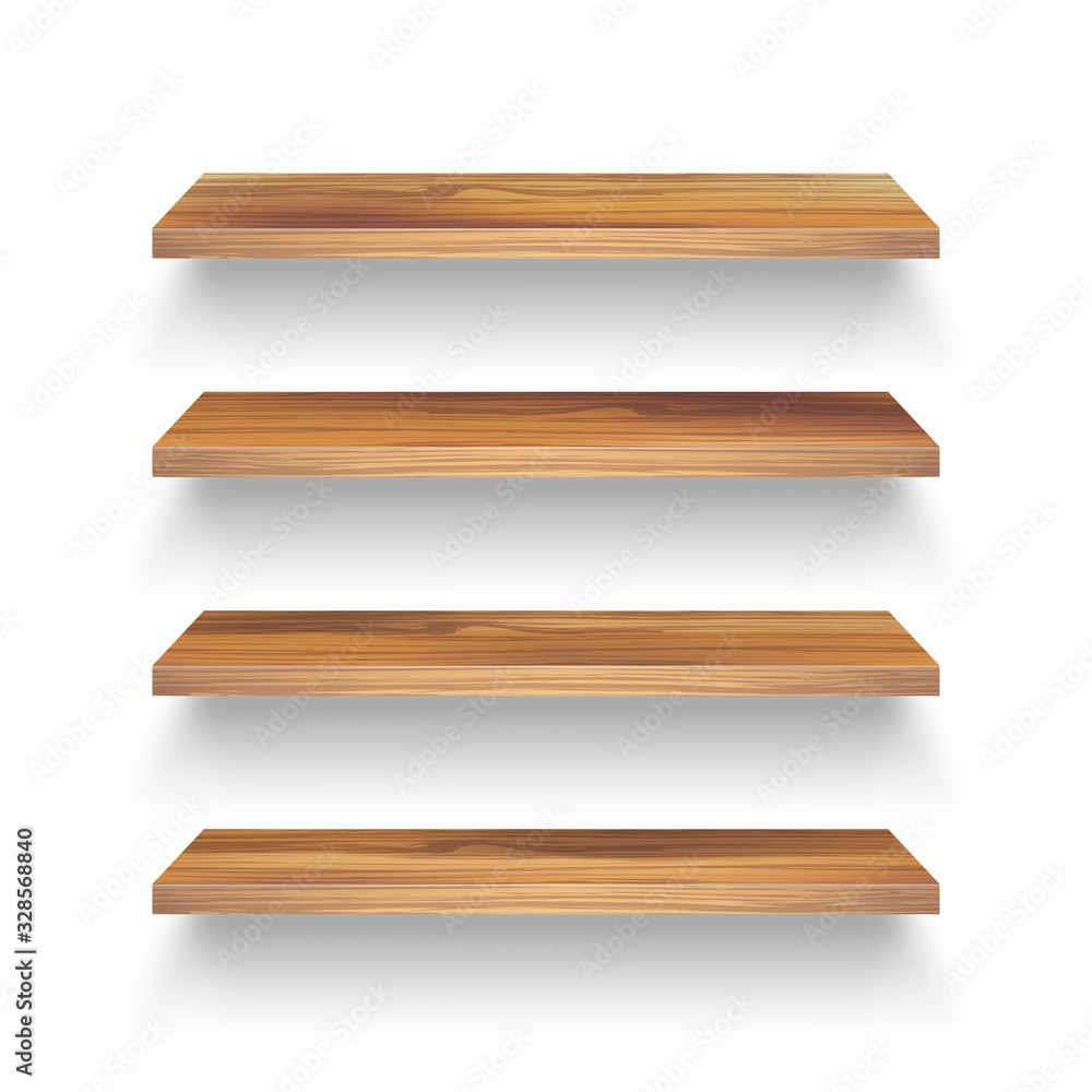 Realistic empty wooden store shelves set. Product shelf with wood ...