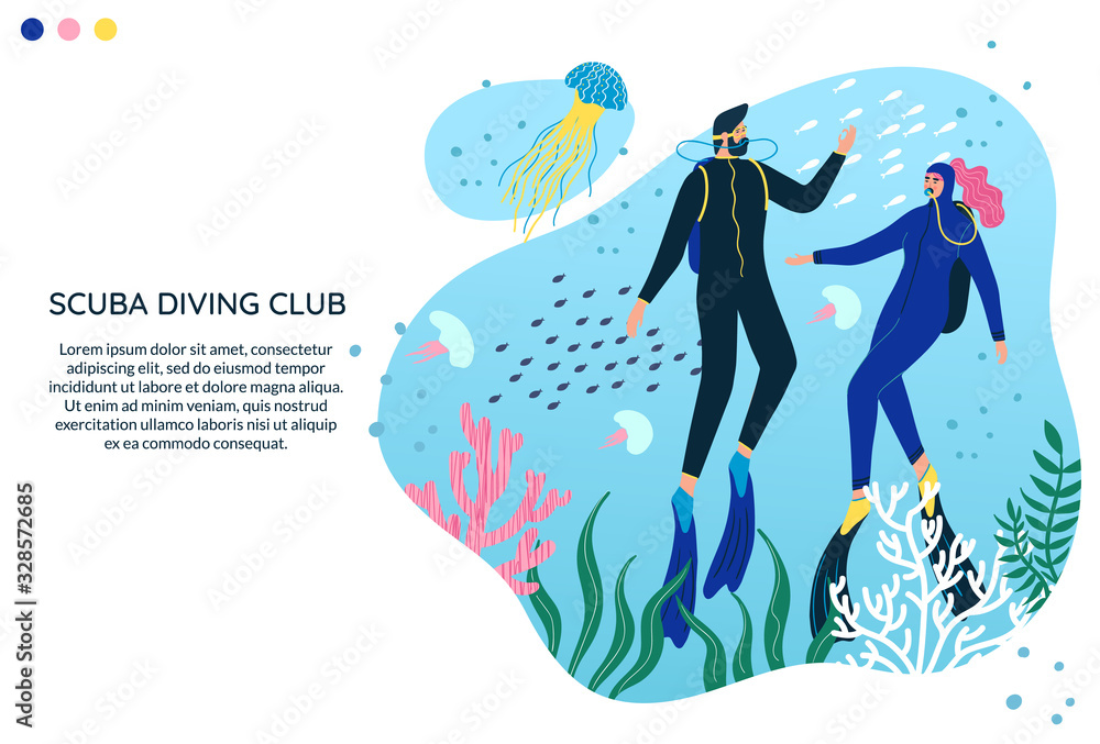 Scuba diving club vector banner with space for text. People swimming in ...