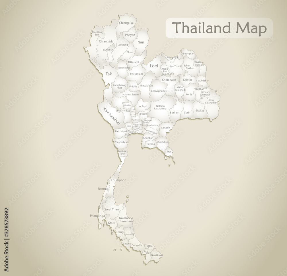 Thailand map, administrative division with names, old paper background ...