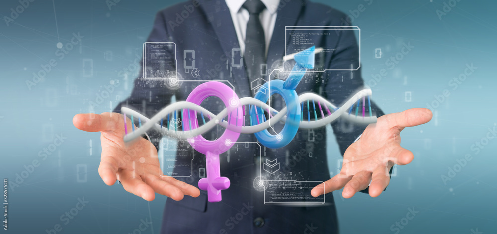 Businessman holding a DNA with data and male and female symbol - 3d ...