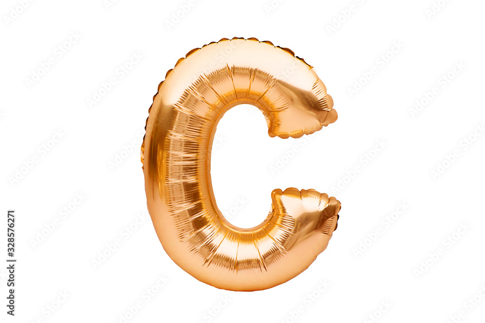 Letter C made of golden inflatable helium balloon isolated on white ...