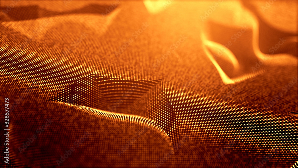 abstract gold background of glow particles form lines, surfaces as ...