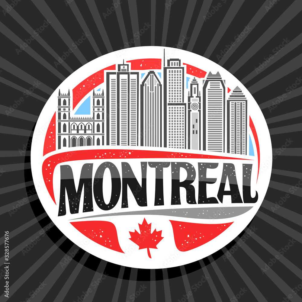 Vector logo for Montreal, white decorative round tag with line illustration of famous montreal ...