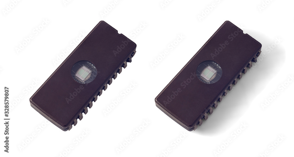 Macro photo of a vintage CMOS EPROM microchip with a glass window ...