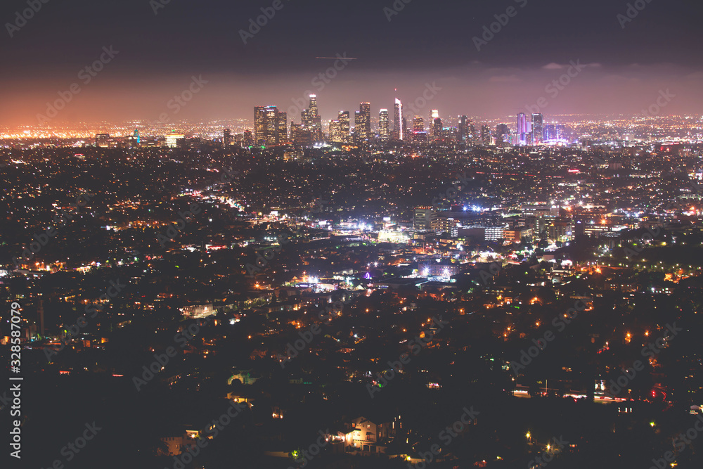Beautiful super wide-angle night aerial view of Los Angeles, California ...