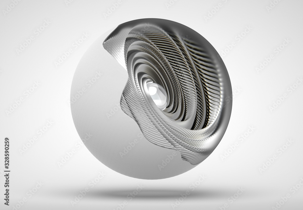 3d render of art with abstract mechanical ball in white rough plastic ...