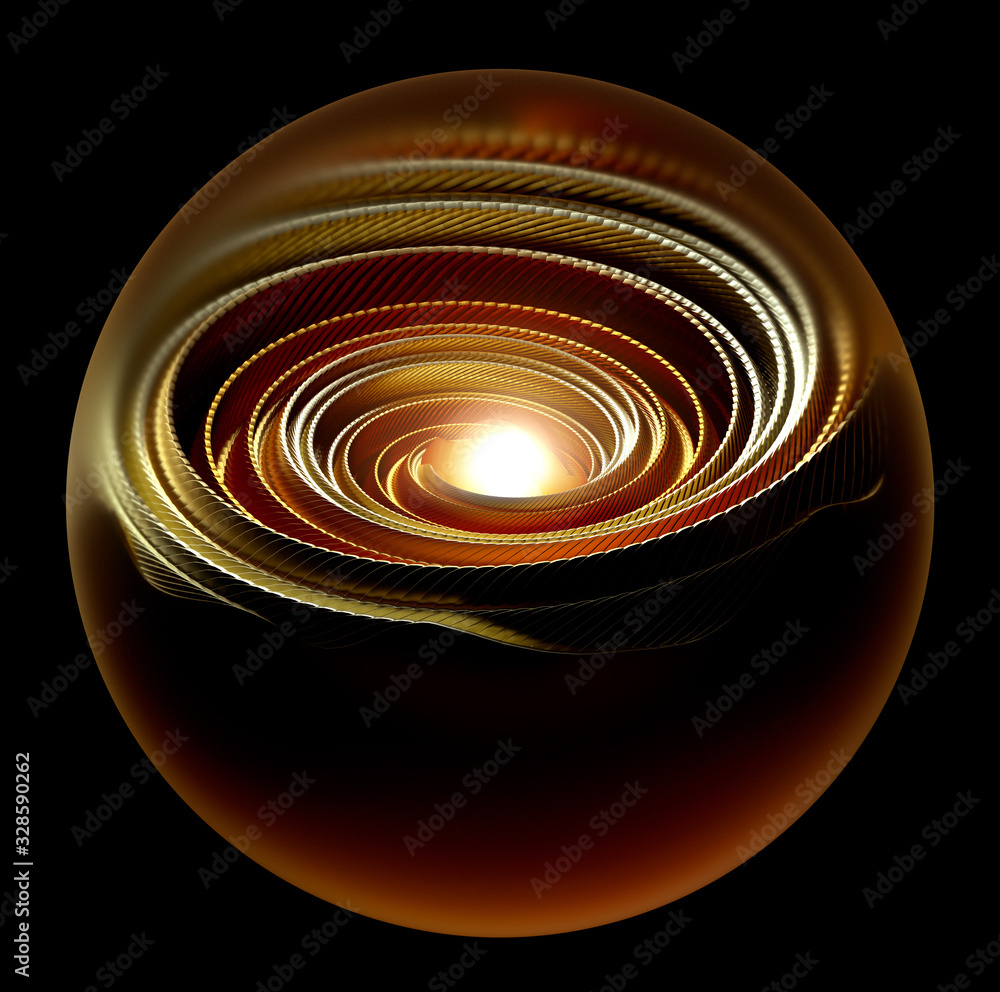 3d render of abstract art of industrial 3d glass ball with metal swirl ...