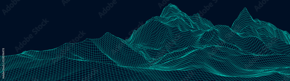 Vector wireframe 3d landscape. Technology grid illustration. Network of ...