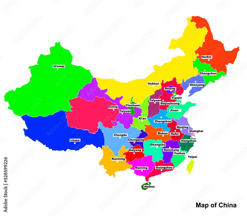 Bright Map of China. map of China graphic illustration on white ...