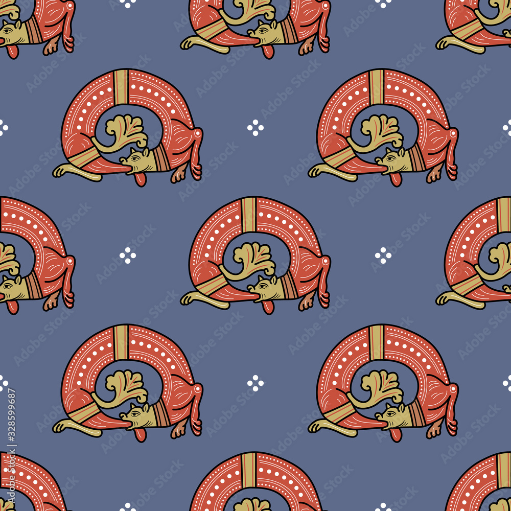 Seamless geometrical pattern with fantastic medieval dragons. Ouroboros ...