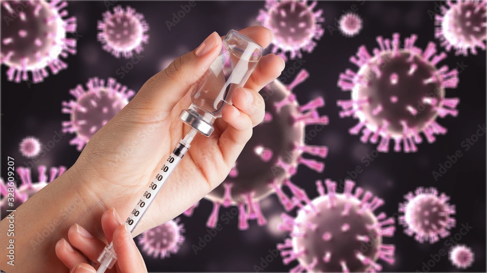 Human hand with injection syringe and vaccine and virus illustrations ...