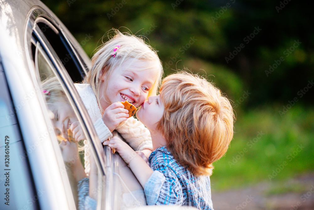 Bye bye. Little boy say good bye with little girl. Farewell concept ...