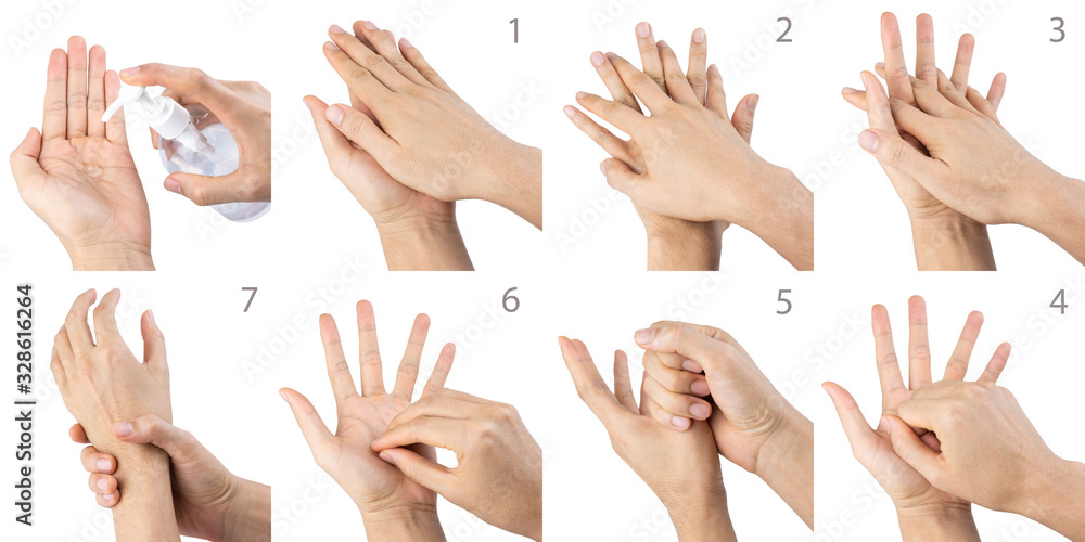 7 step hand wash, man hands using wash hand sanitizer gel pump ...