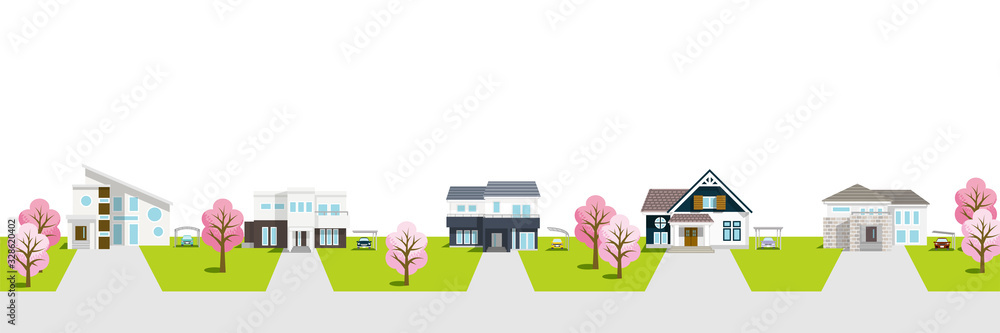 Residential area townscape with cherry trees ,white background Stock ...