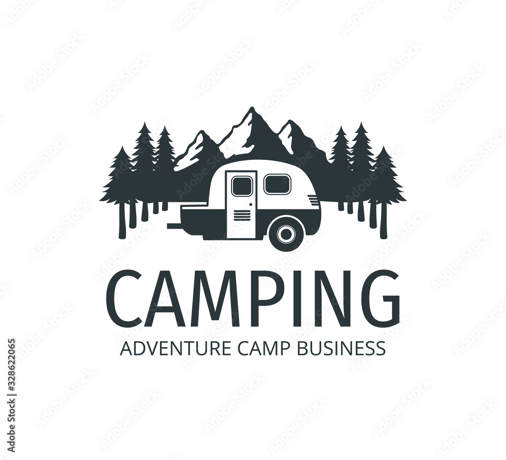 camping car trailer in the middle of jungle of pine trees for outdoor ...