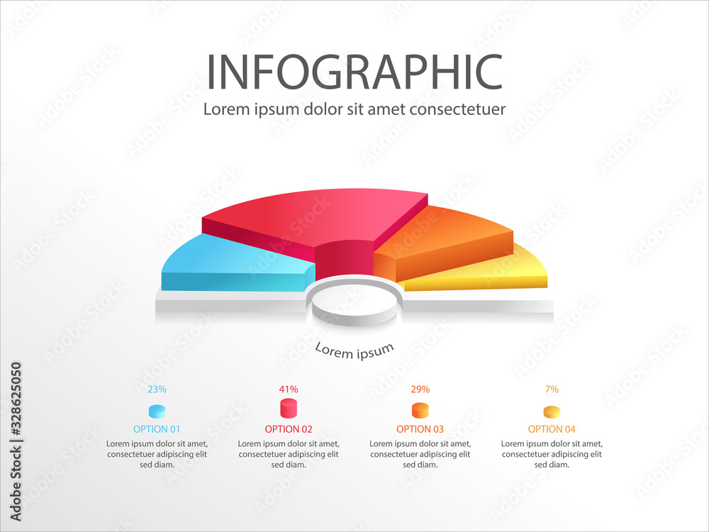Colourful half pie chart infographic with 3d half of a business pie ...
