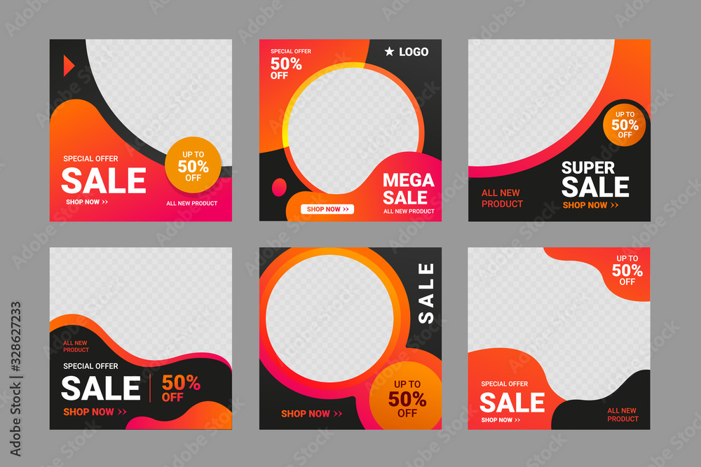 Set of Editable square instagram banner template. Black and orange ...
