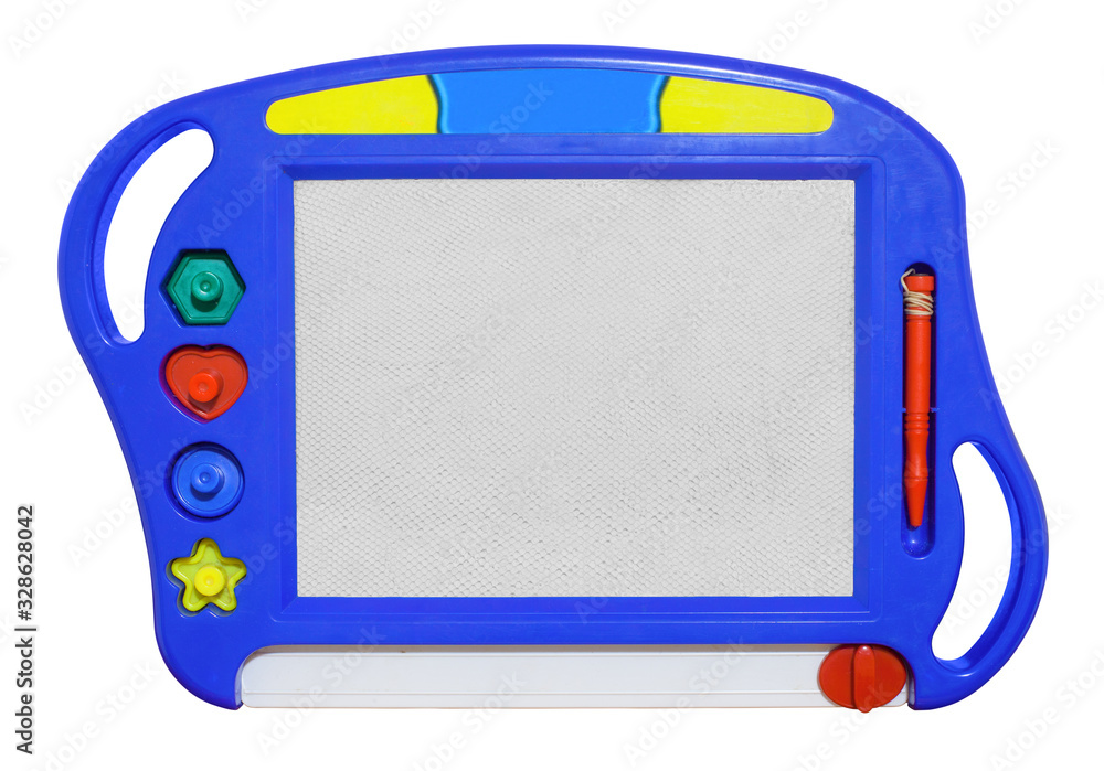 Magnetic drawing board with pen and four stamps. With vector path ...