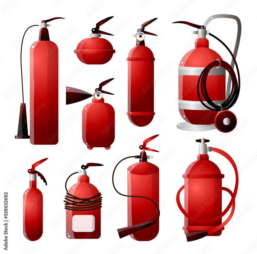 A Set Of Different Types Of Fire Extinguishers In Red And Different