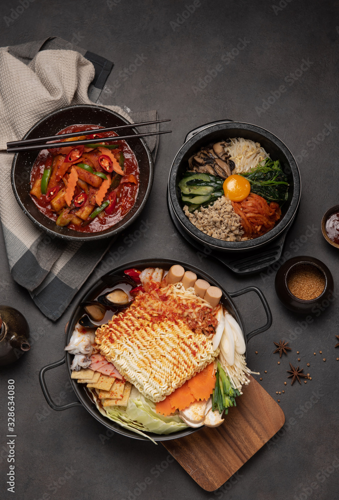 Combo Set of Korean food. Bibimbap (Mixed rice), Jjamppong (Korean ...
