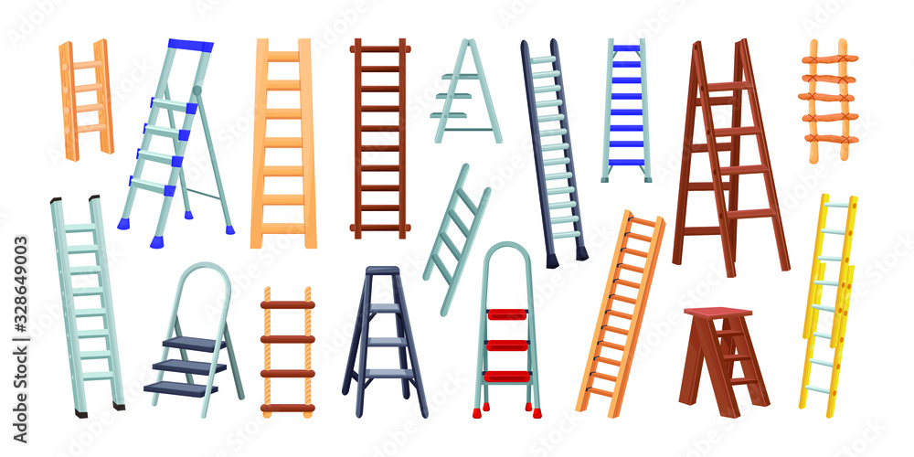 Collection of aluminum and wooden ladders with stairs. Cartoon vector ...