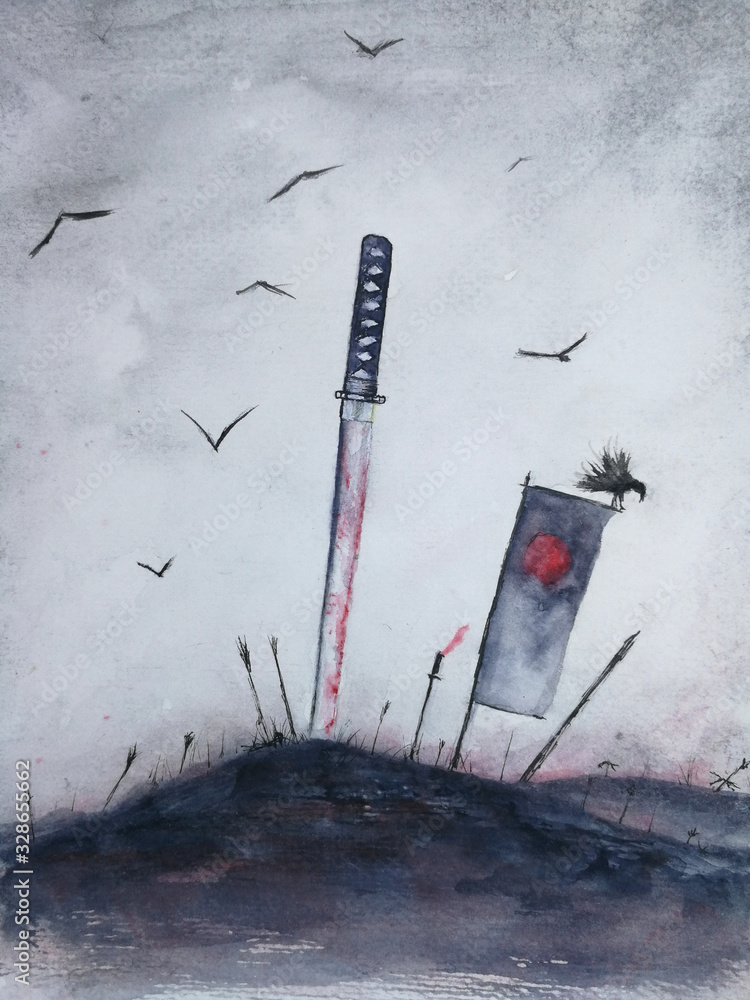 watercolor japanese samurai sword in the war and birds flying in sky ...