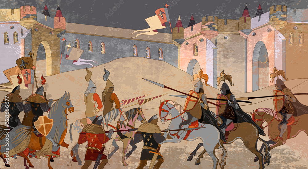 Medieval battle scene. Knights, cavalry, archers. Middle Ages ...