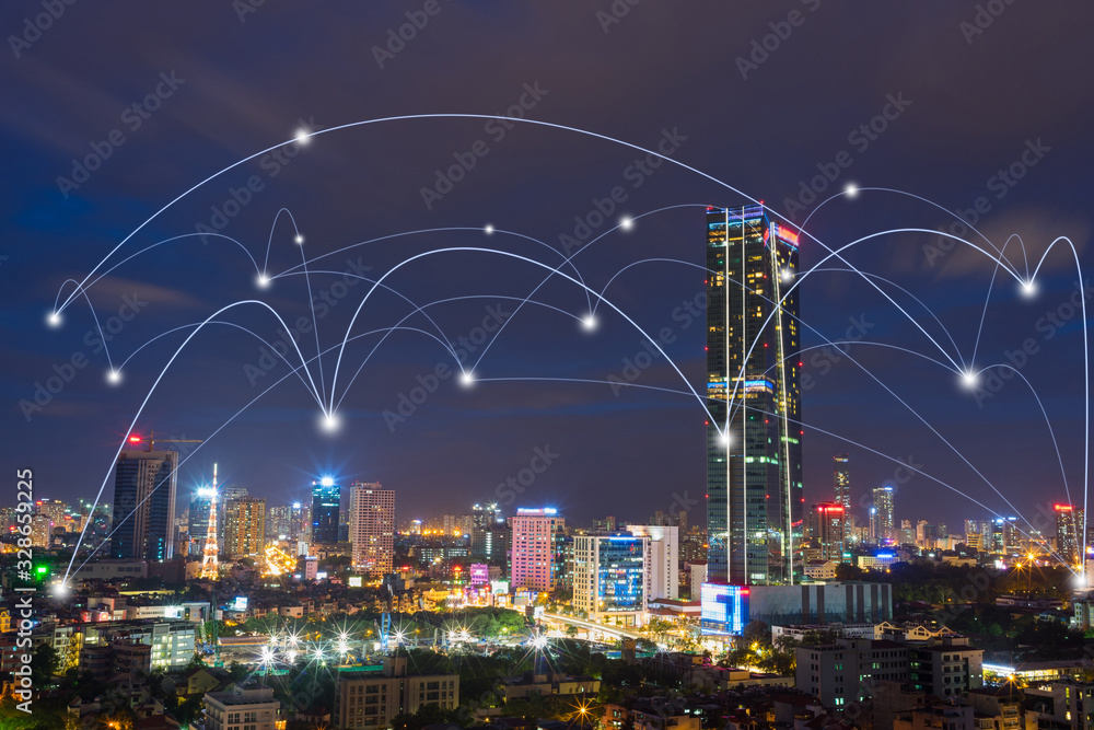 Smart city and wireless communication network concept. Digital network ...