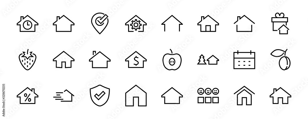 Simple set of line vector home icons. Contains house symbols at ...