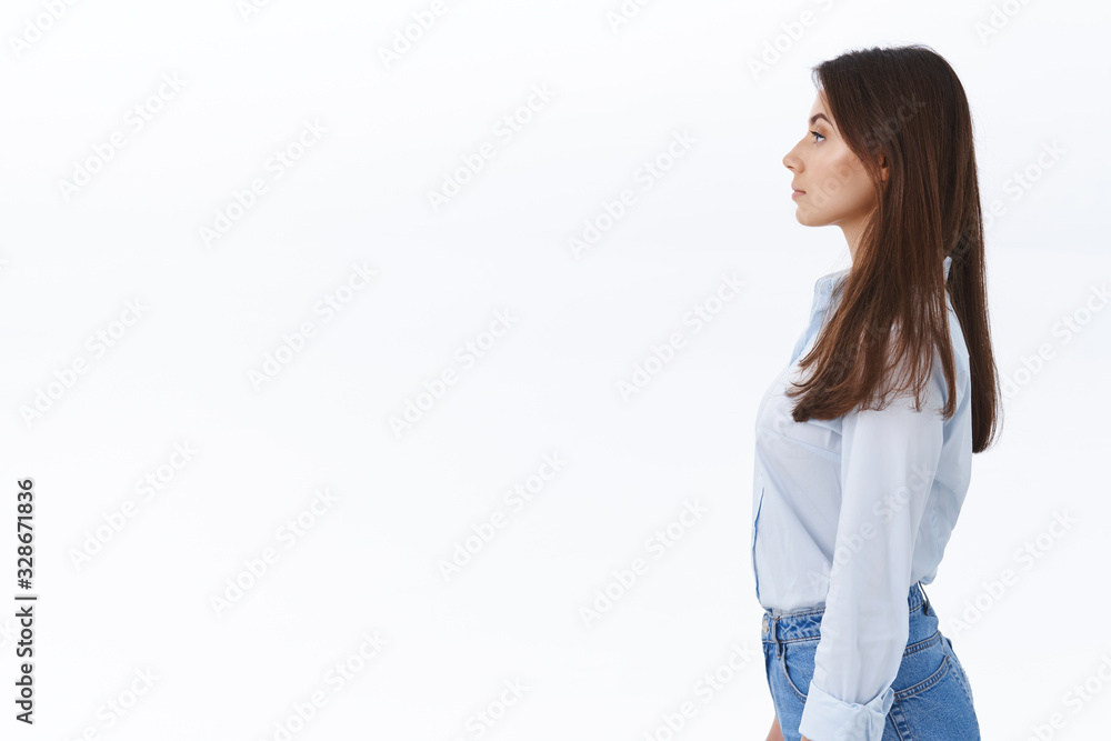 Profile portrait of skinny attractive brunette caucasian adult woman in ...