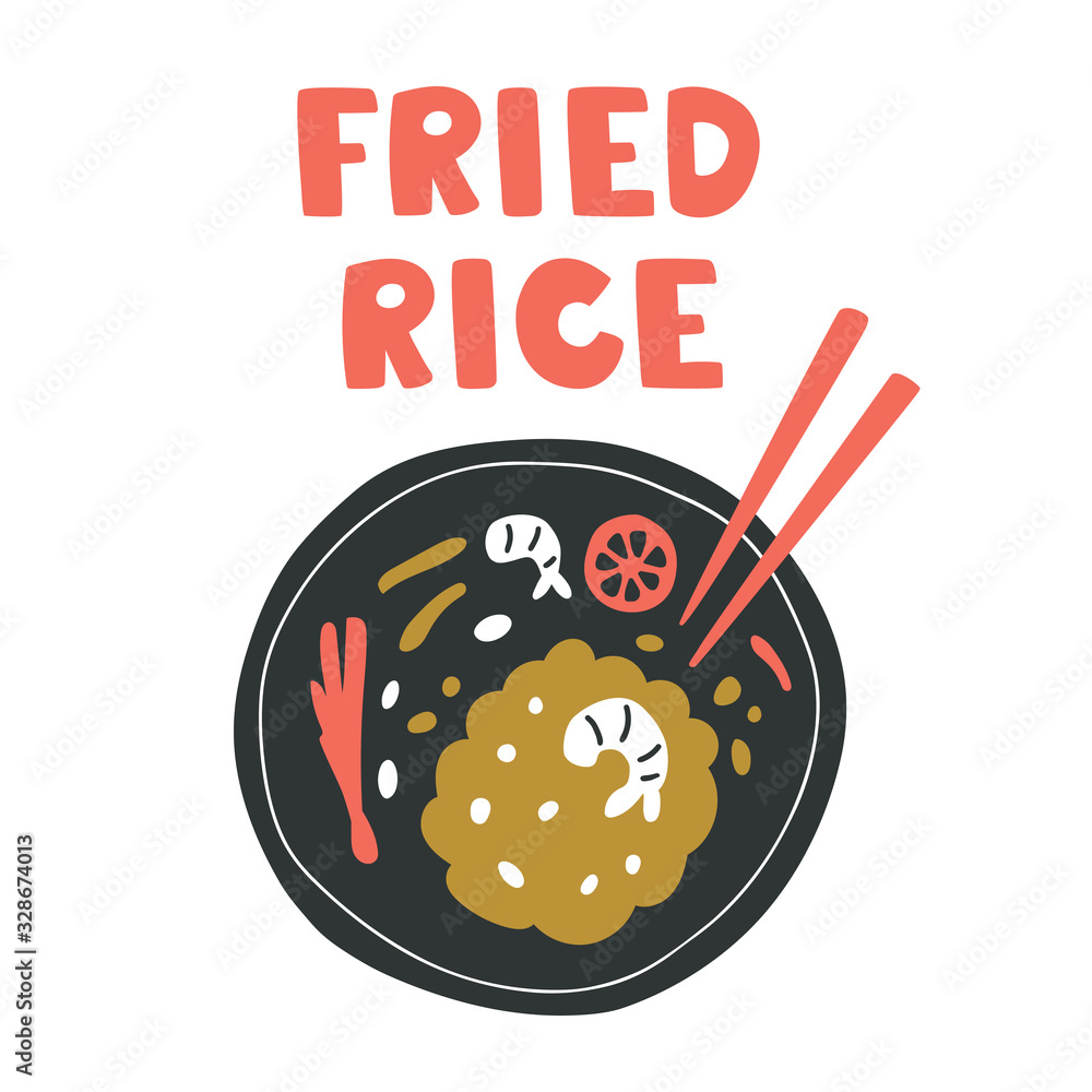 Vector illustation of fried rice in a black plate with shrimp, lime ...