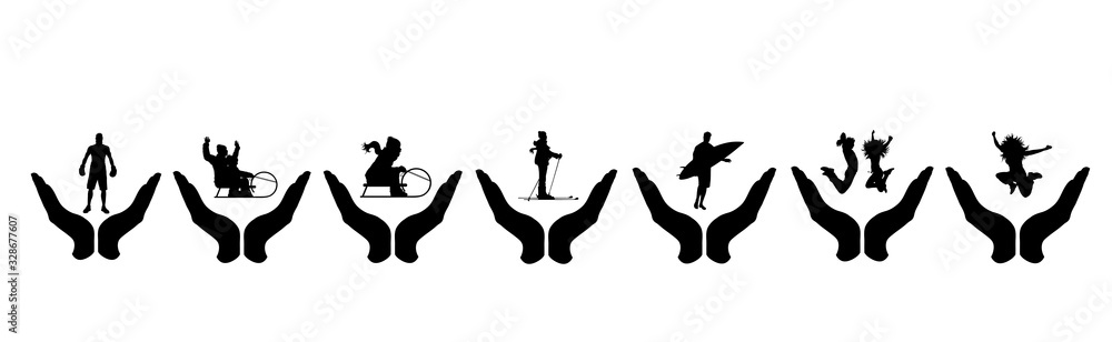 Vector silhouette of collection of hand in protective gesture with ...