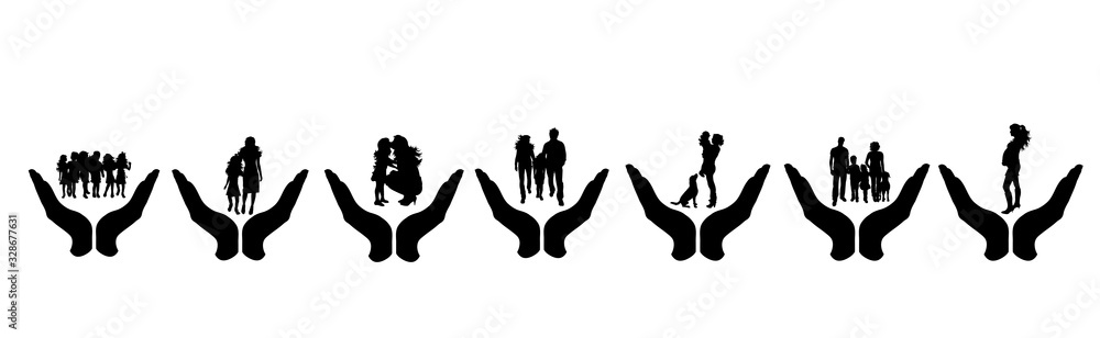 Vector silhouette of collection of hand in protective gesture with ...