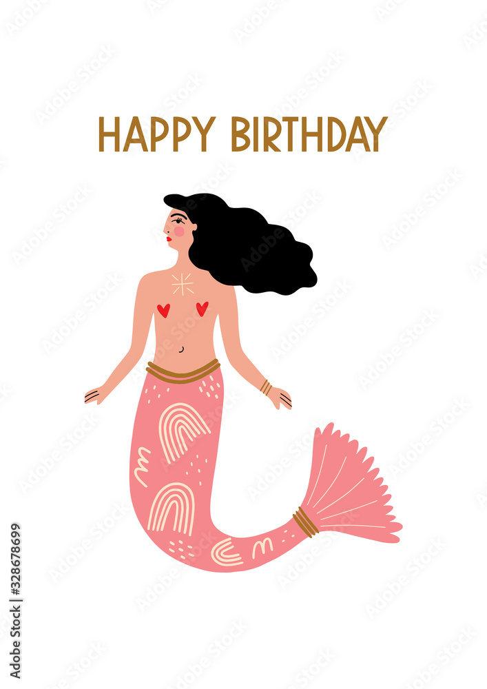 Cartoon color card with cute flat cartoon sea mermaid or serena ...