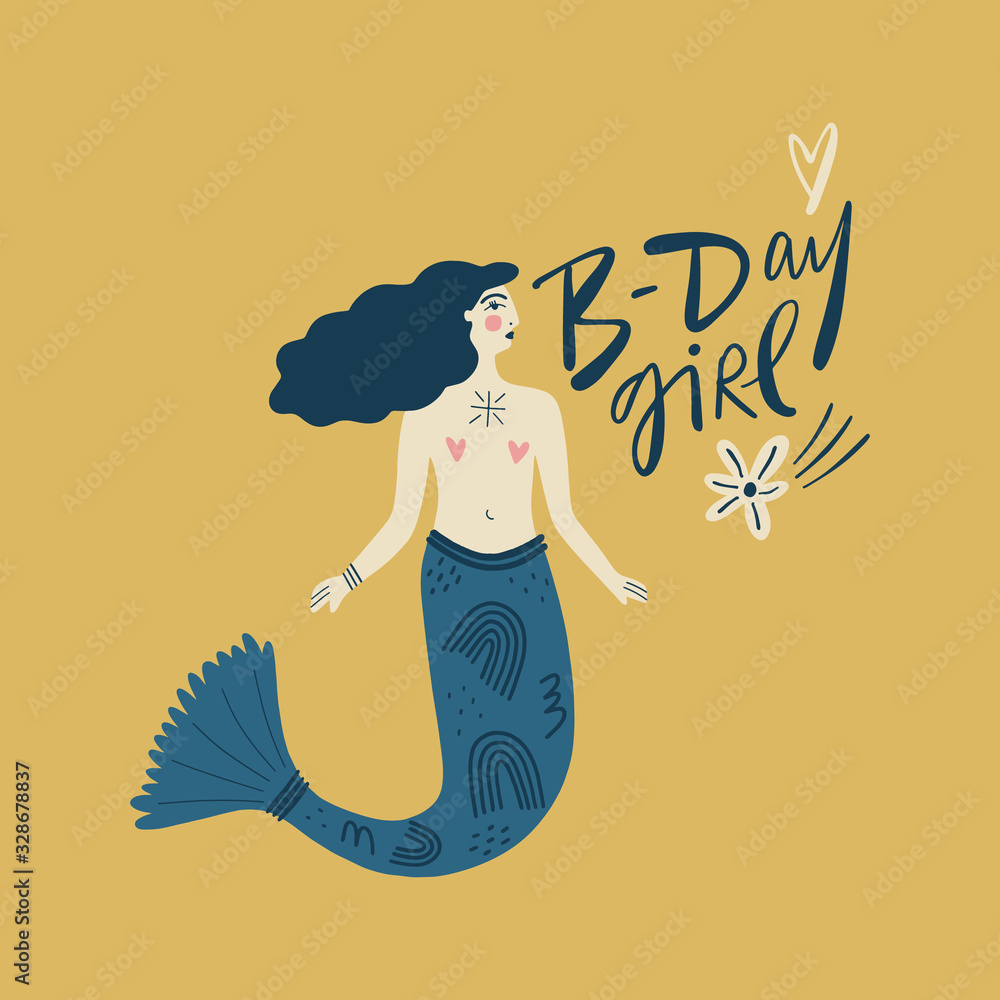 Vetor de Cartoon color card with cute flat cartoon sea mermaid or ...