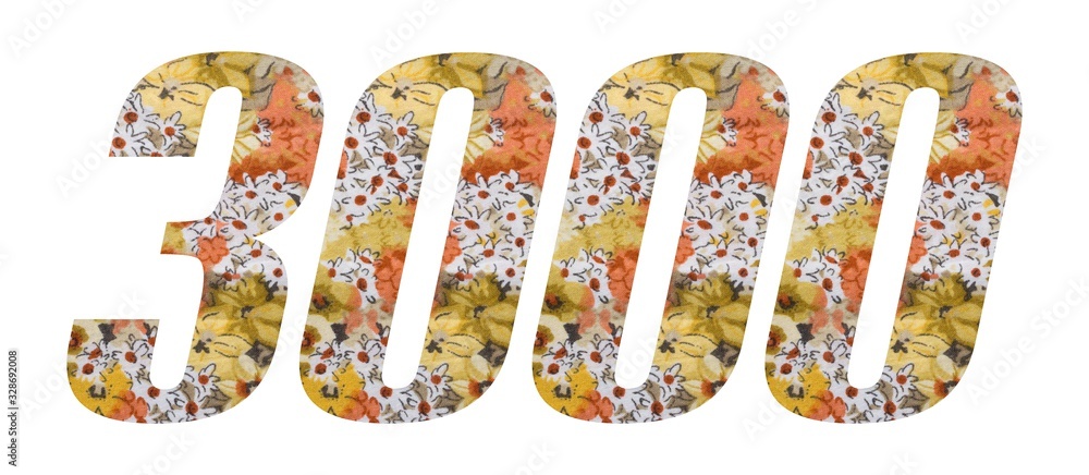 Number 3000 with flowered fabric texture on white background. Stock ...