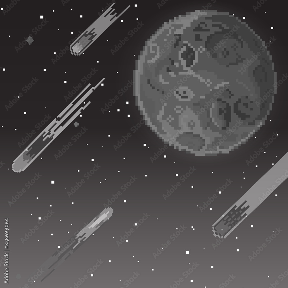 Vector pixel art of 80s Retro sci-Fi background. Pixel moon and stars ...