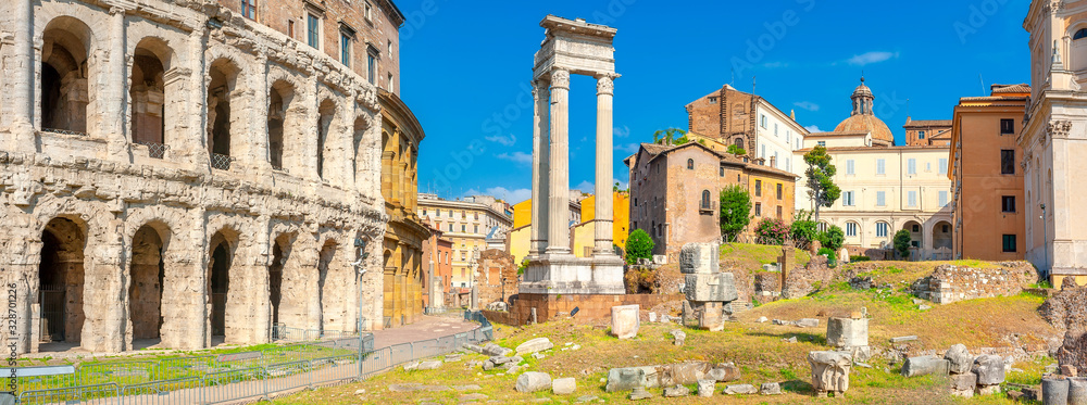 Antique architecture of Rome. Panorama of the Roman amphitheater and ...
