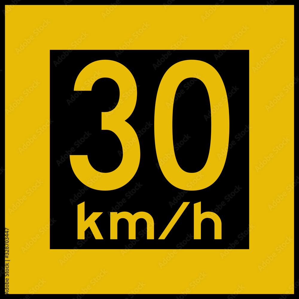 30 km/hr speed limit sign board. Parking area, bridge signs. Black on ...